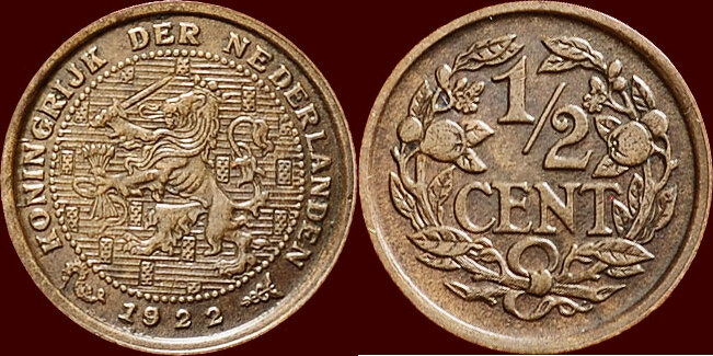 Koninkrijk der Nederlanden 1922 NEDERLAND (NETHERLANDS, KINGDOM) - WILHELMINA, 1890-1948 - ½ ...