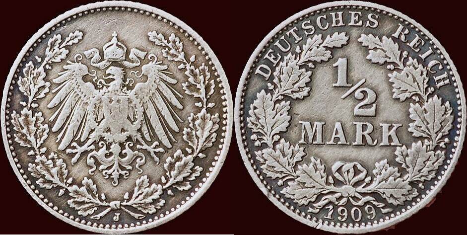 GERMANY - DEUTSCHES REICH - WILHELM II, 1888-1918 - ½ Mark 1909 J ...