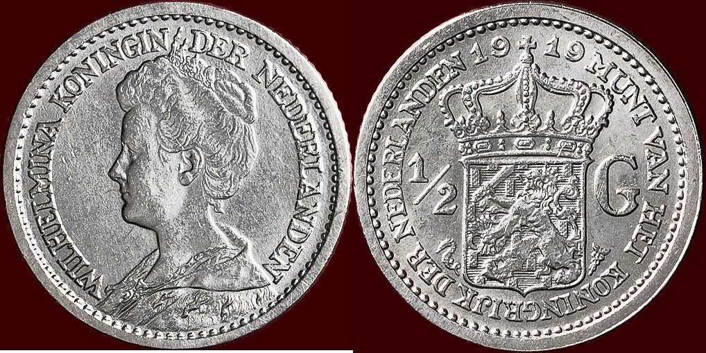 Koninkrijk der Nederlanden ½ Gulden 1919 NEDERLAND (NETHERLANDS, KINGDOM) - WILHELMINA, 1890 ...