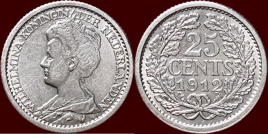 Koninkrijk der Nederlanden 25 Cents 1912 NEDERLAND (NETHERLANDS, KINGDOM) - WILHELMINA, 1890 ...