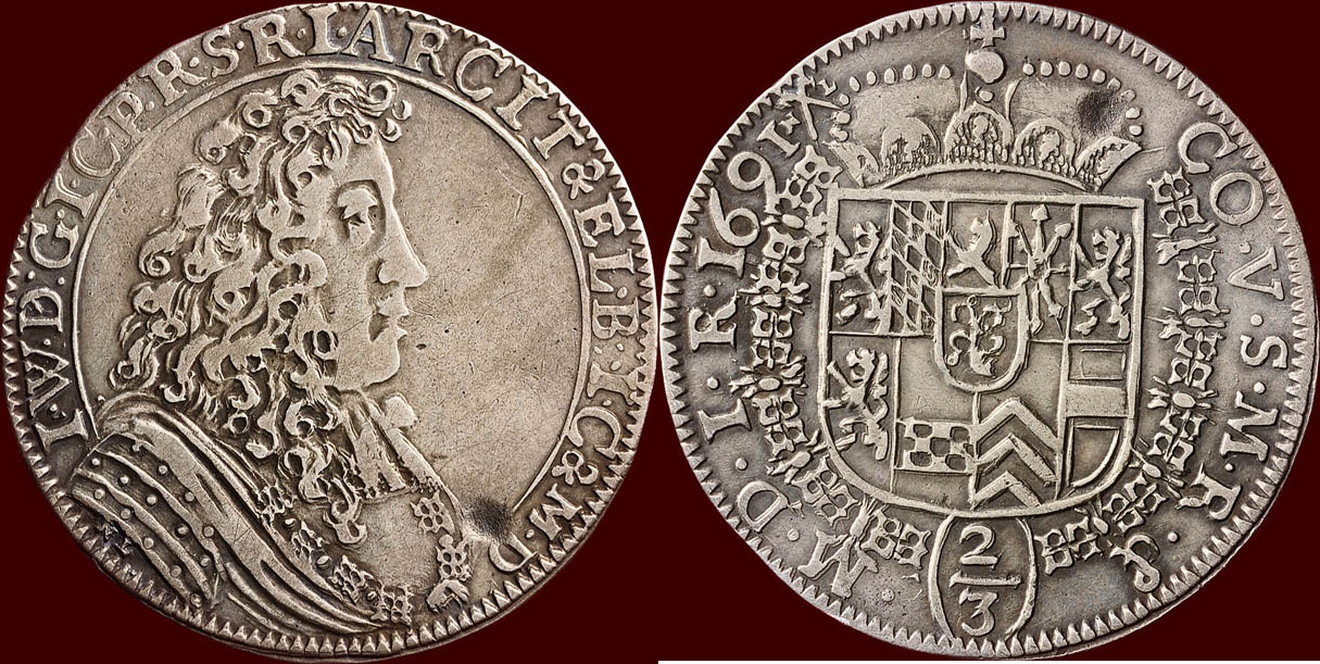 2/3 Taler GERMANY - JÜLICH-BERG, HERZOGTUM - JOHANN WILHELM II, 1679 ...