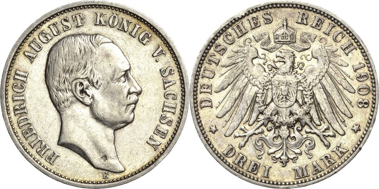 Sachsen 3 Mark 1908 Friedrich August III. 1904-1918 Sehr schön+ | MA-Shops