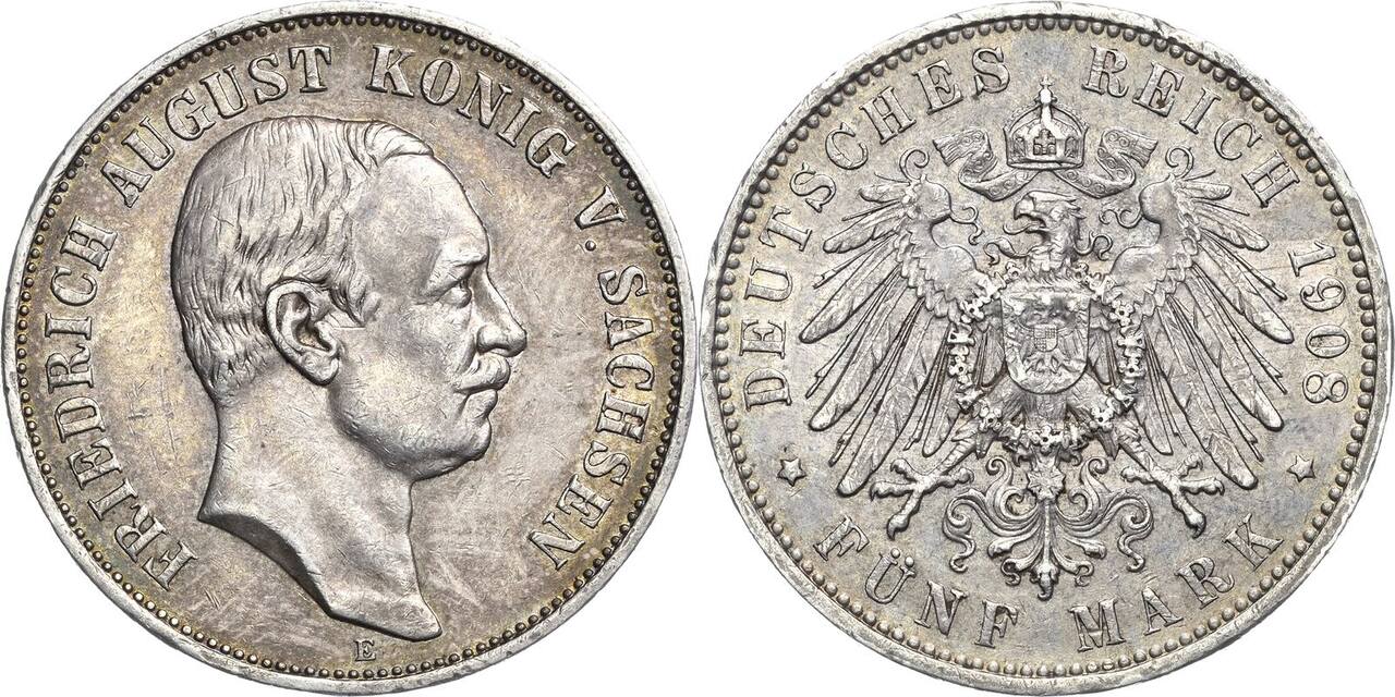 Sachsen 5 Mark 1908 Friedrich August III. 1904-1918 Sehr schön ...