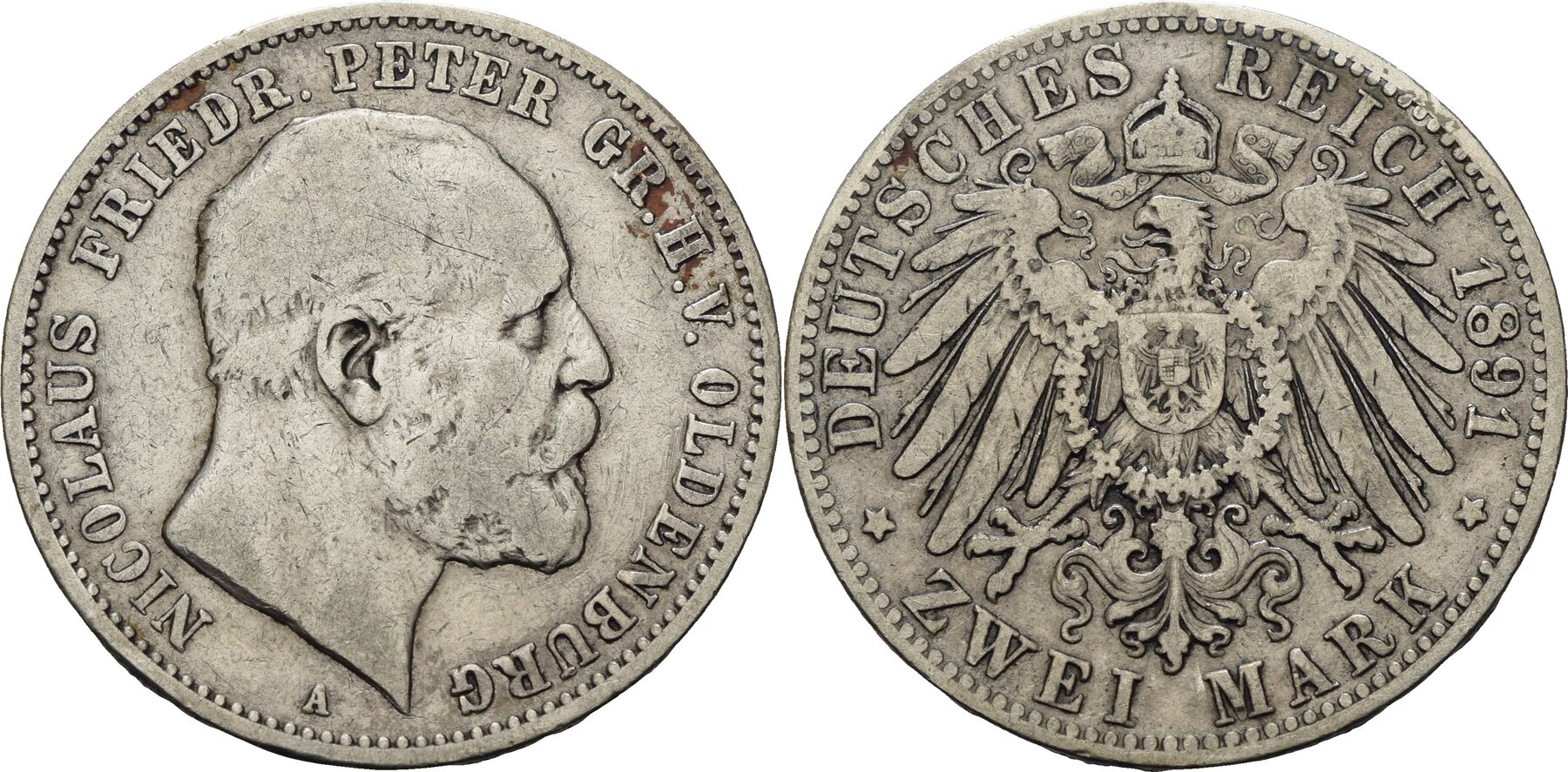 Oldenburg 2 Mark 1891 Nicolaus Friedrich Peter 1853-1900 Zaponiert, fast sehr schön | MA-Shops
