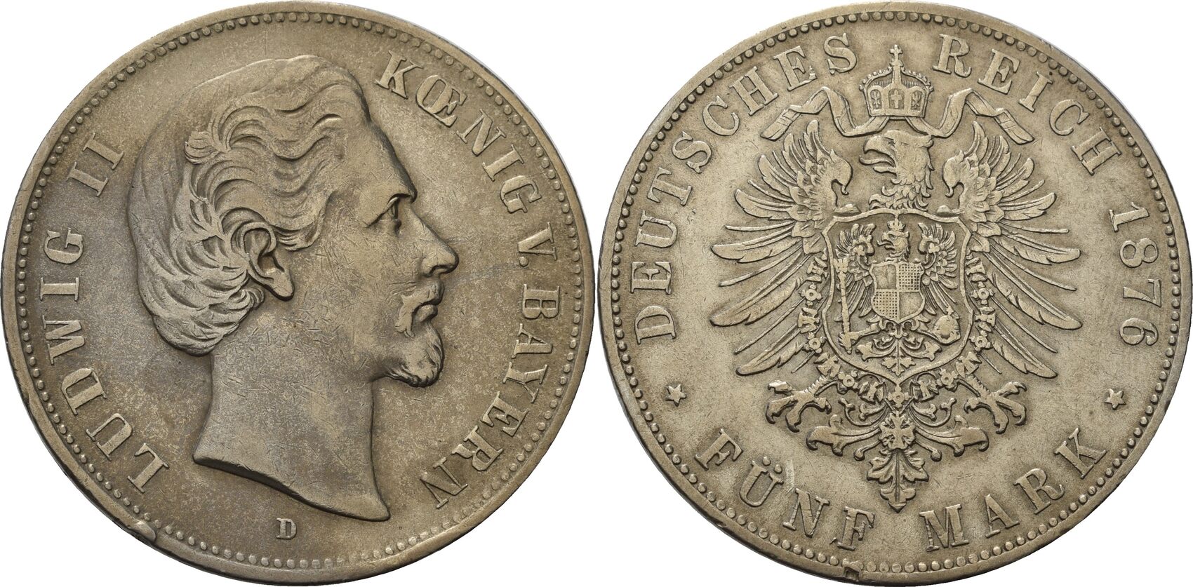 Bayern 5 Mark 1876 Ludwig II. 1864-1886 Sehr schön/sehr schön+ | MA-Shops