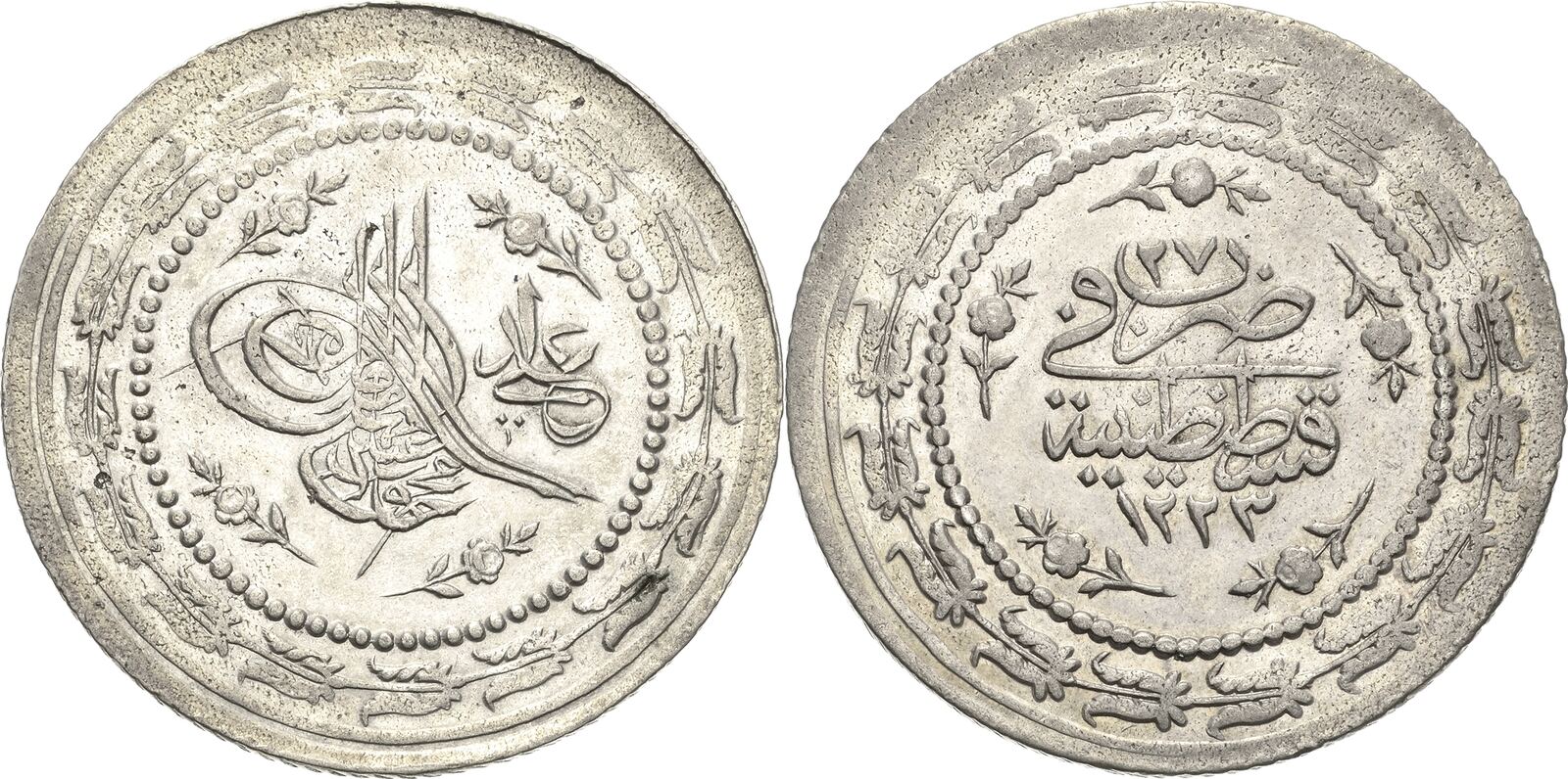 Osmanisches Reich 6 Kurush 1835 (= AH 1223/28), Mahmud II. 1808-1839 Min. Prägeschwäche ...