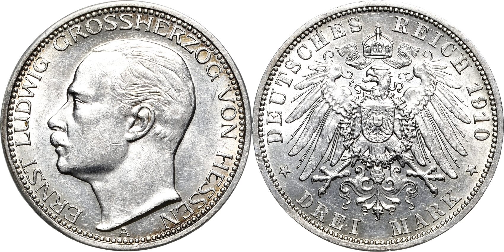 Hessen 3 Mark 1910 Ernst Ludwig 1892-1918 Kl. Randfehler, fast ...