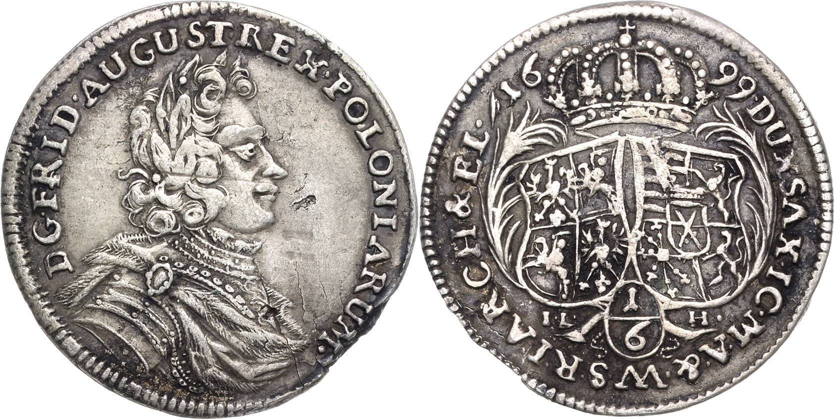 Sachsen-Kurlinie ab 1547 (Albertiner) 1/6 Taler 1699, Friedrich August ...