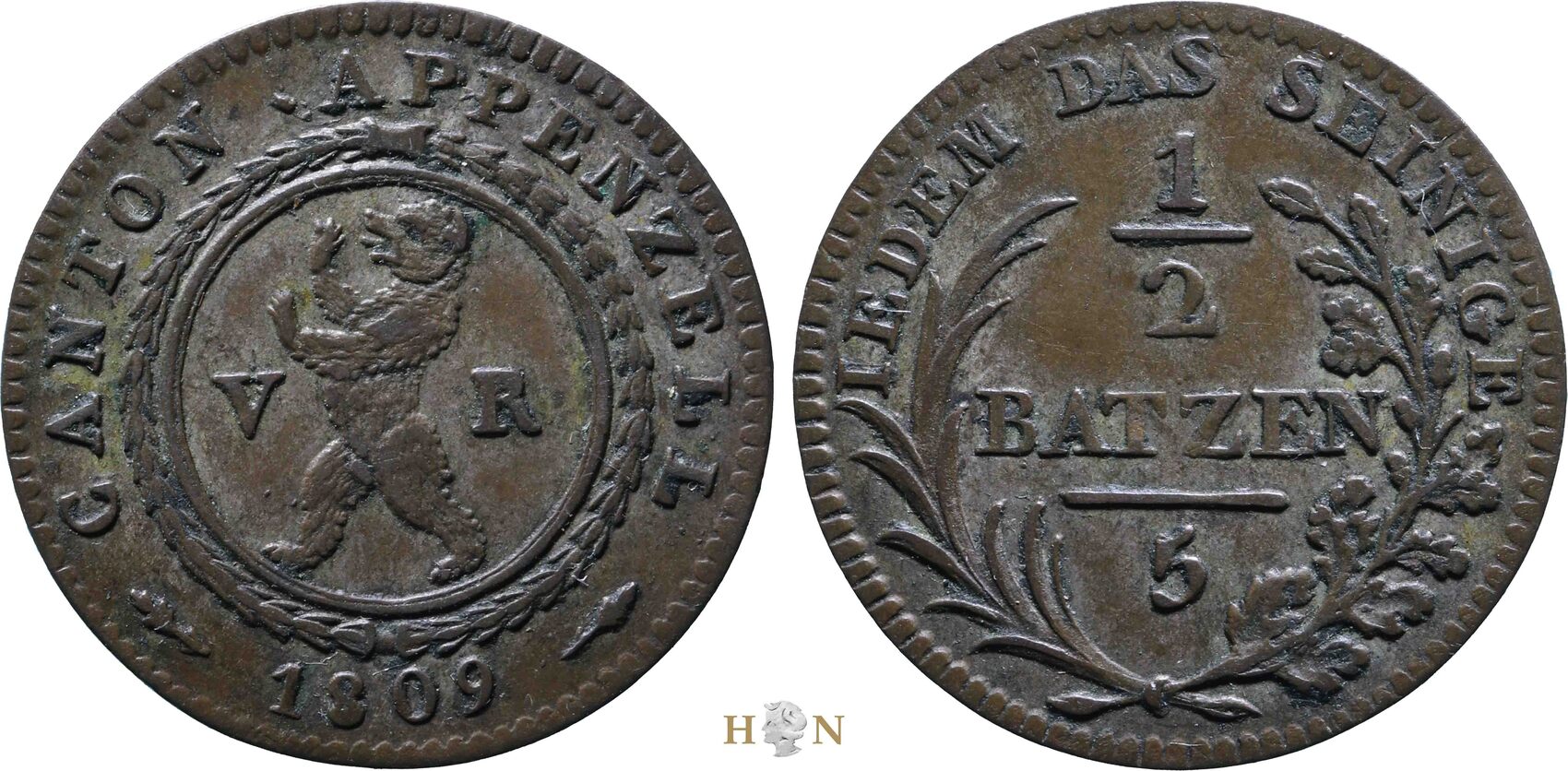 Swiss 1/2 Batzen | 5 Rappen 1809 Canton of Appenzell Ausserrhoden, Bern, rare, EF+ | MA-Shops