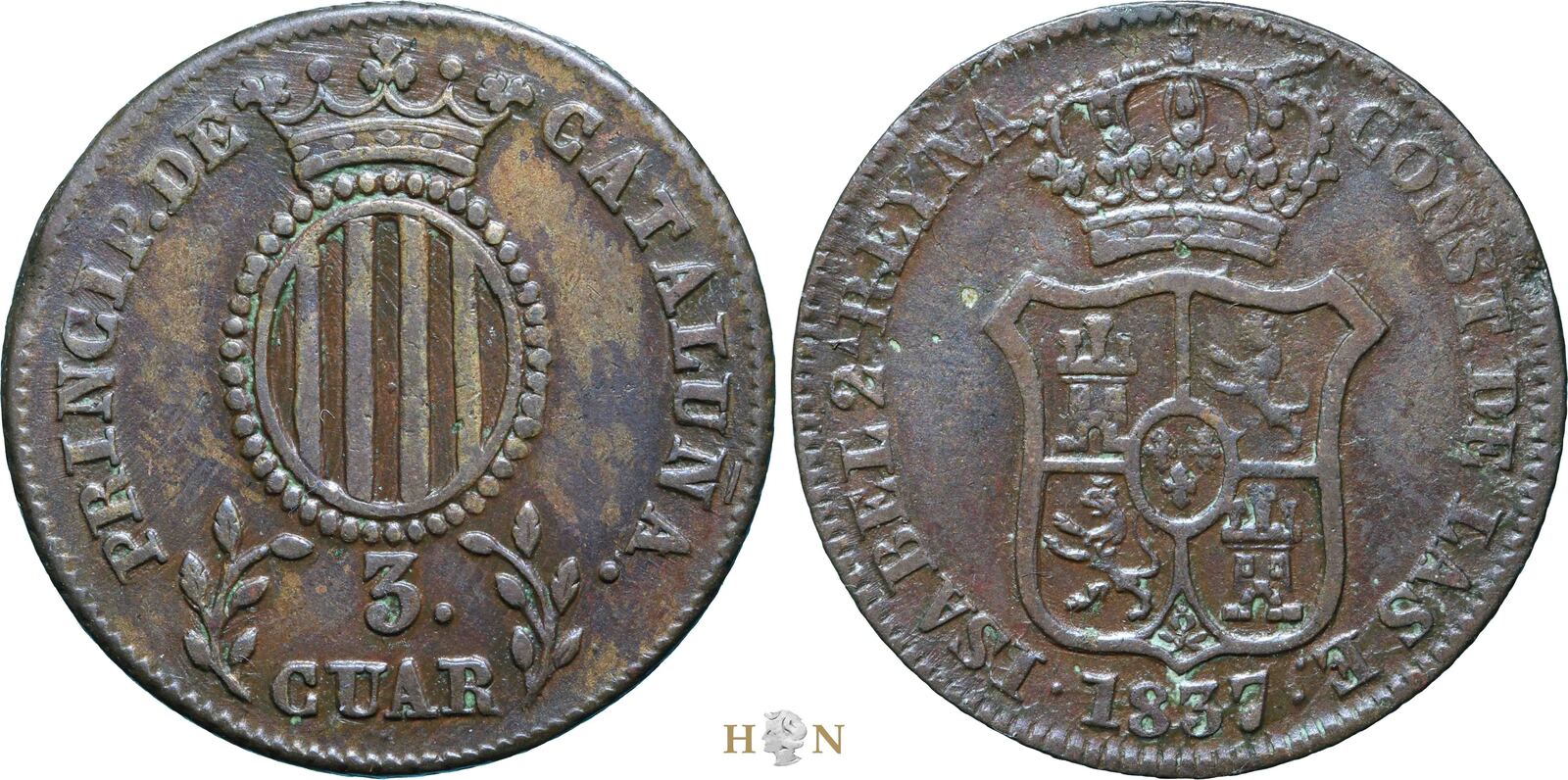 Principality of Catalonia 3 cuartos 1837 AD Isabella II (1833-1868 ...