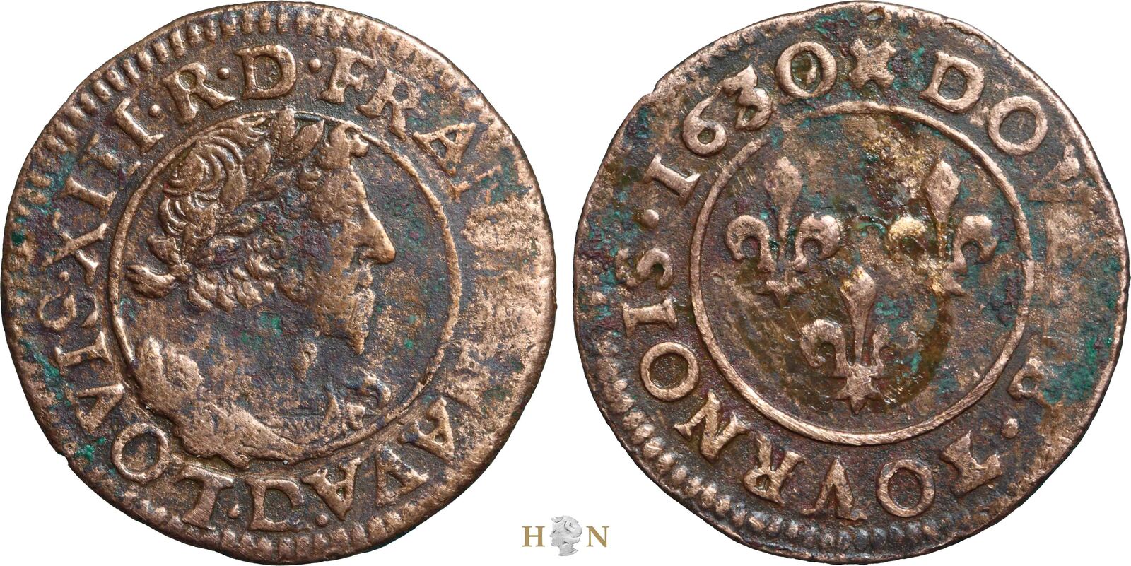 France denier tournois overstrike 1630/29 Louis XIII (1610-1643), Lyon ...