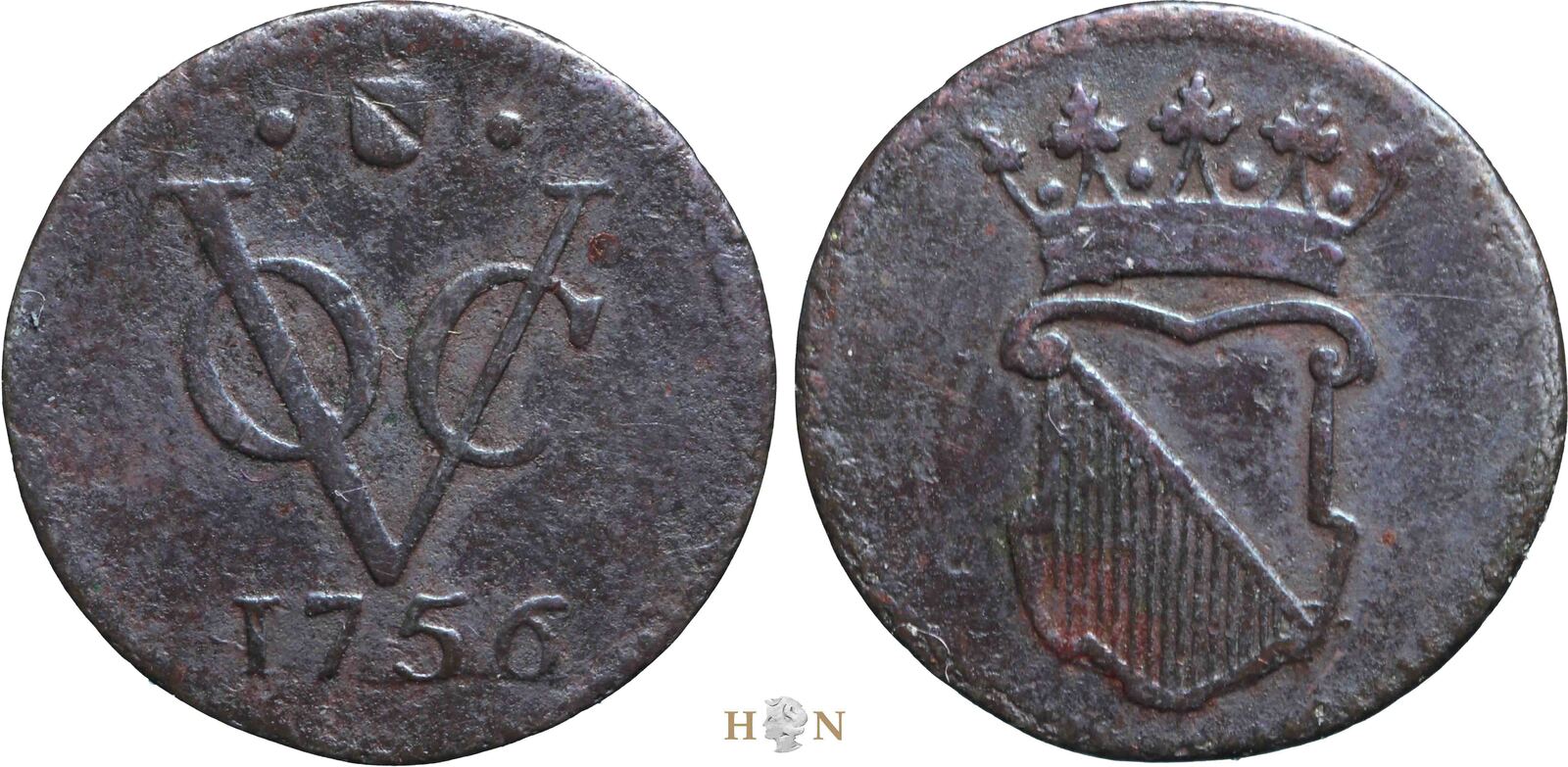 Nederland 1/2 duit 1756 n.Chr. Verenigde Oost-Indische Compagnie, Stad ...