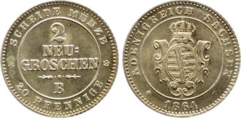 Sachsen-Albertinische Linie 2 Neugroschen 1864 B Johann 1854-1873. Fast Stempelglanz | MA-Shops
