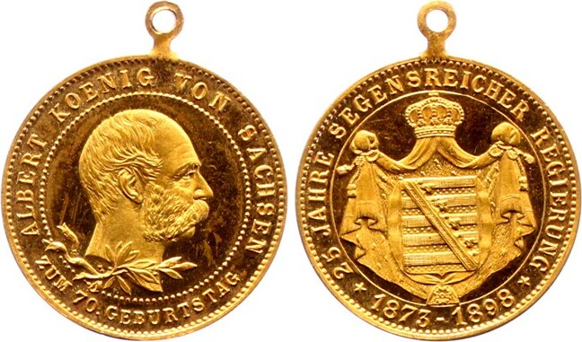 Sachsen-Albertinische Linie vergoldete Bronzemedaille 1898 Albert 1873 ...