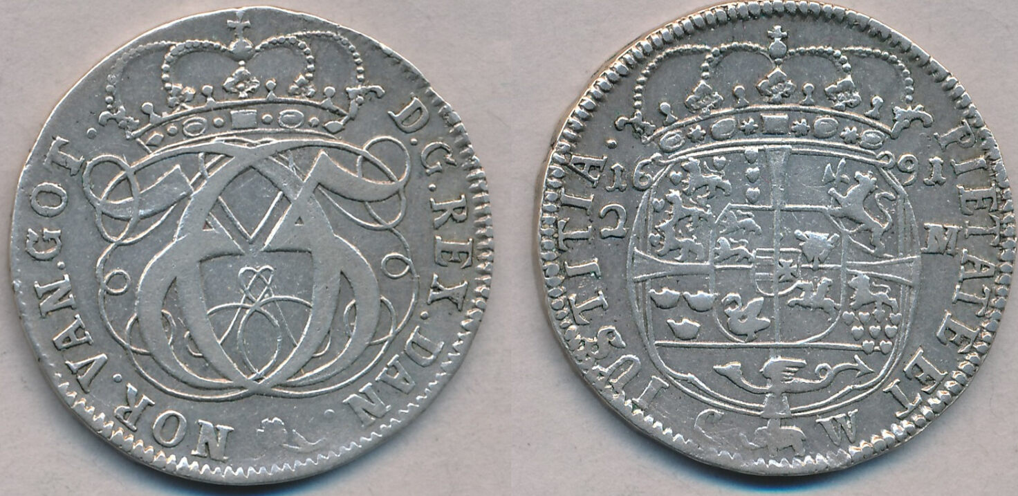 Denmark 2 Mark 1691 Christian V, H 93 A, SS | MA-Shops