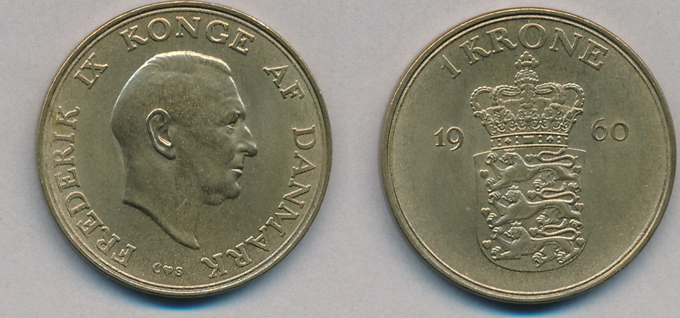 Denmark 1 krone 1960 Avers: Frederik IX, Revers: Coat of Arms, Yellow ...