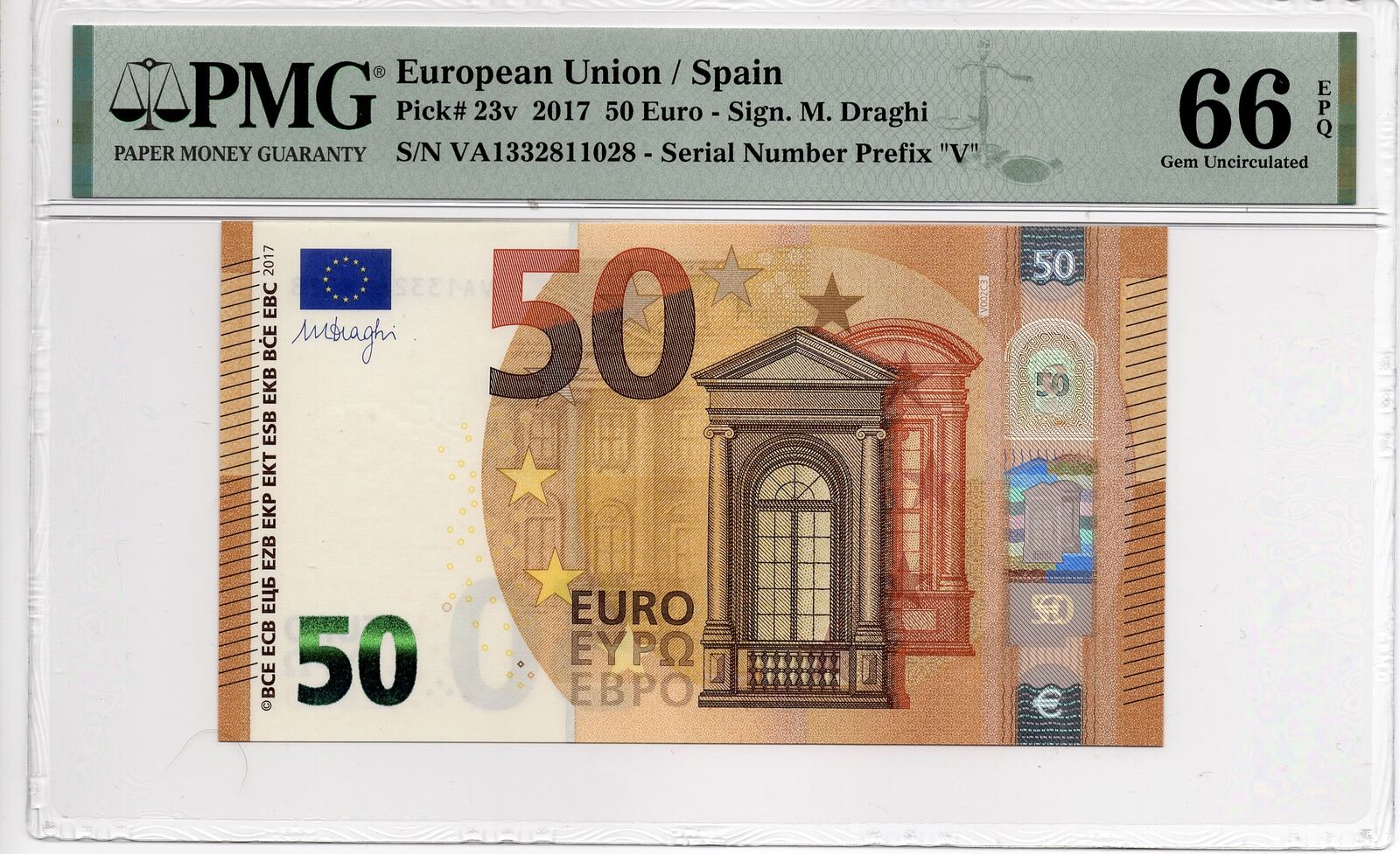European Union 50 Euro 2017 Spain. Signature Draghi. PMG 66 EPQ | MA-Shops
