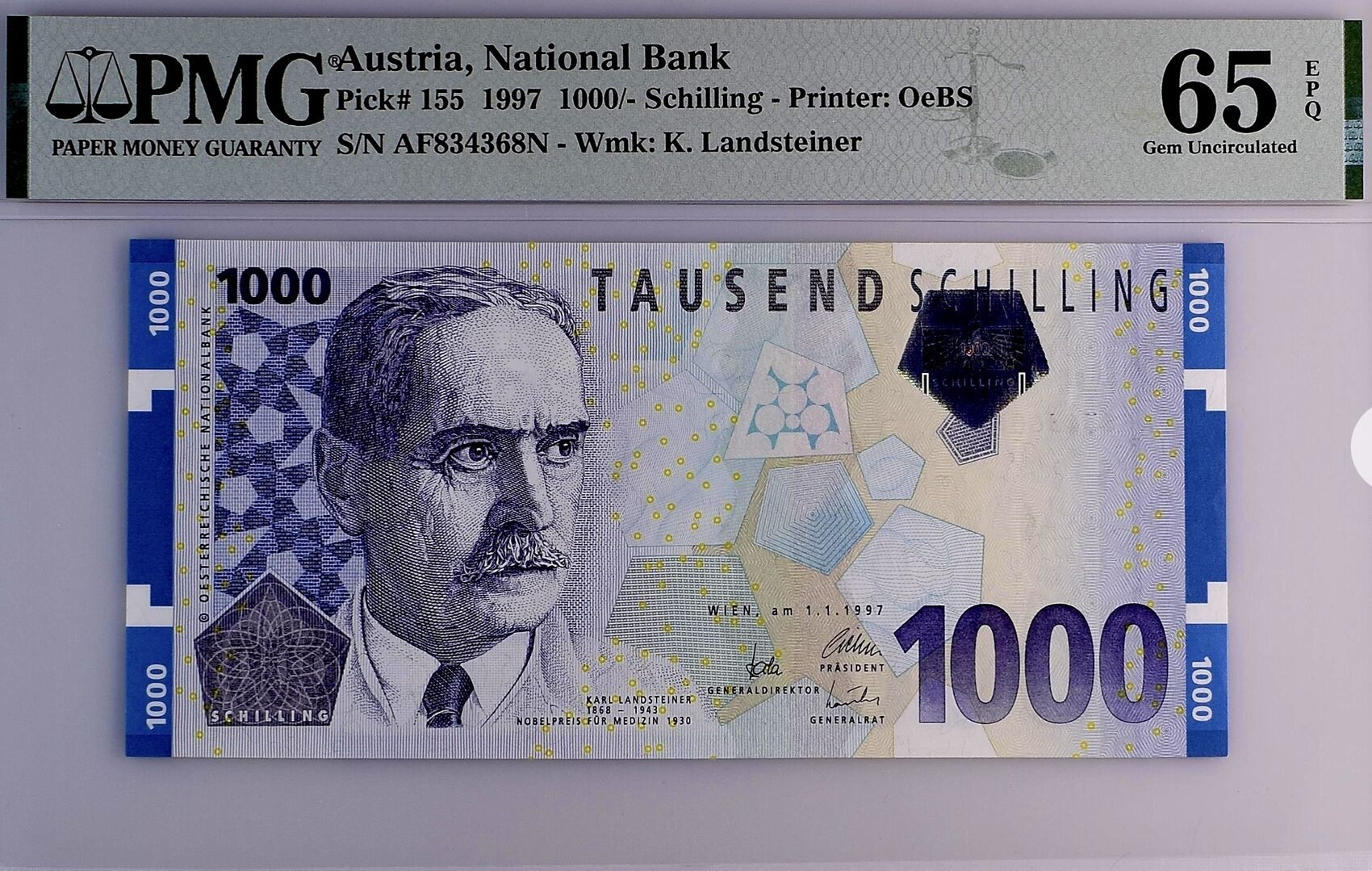 1000 Schillings 1997 The last issue Of austrian schilling. PMG 65 EPQ ...