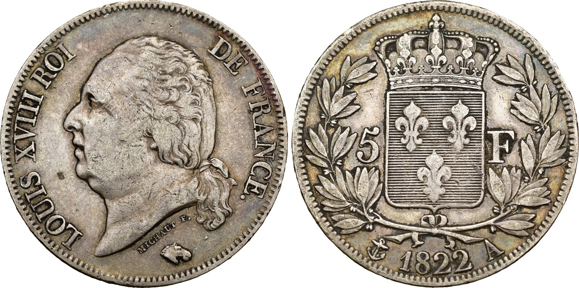 France 5 Francs 1822 Paris Louis XVIII SS+ | MA-Shops