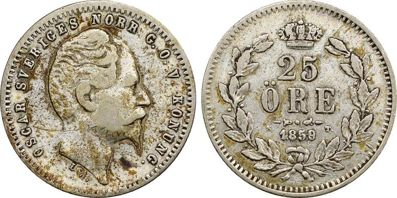 suède 25 Ore 1859 Oscar 1er S+ | MA-Shops