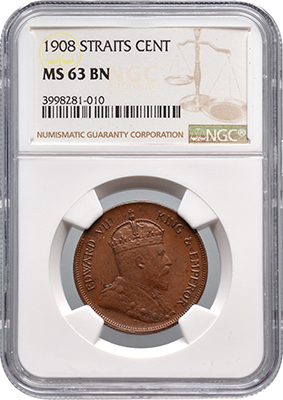 1 cent 1908 Edward VII Straits Settlements NGC MS 63 BN st | MA-Shops