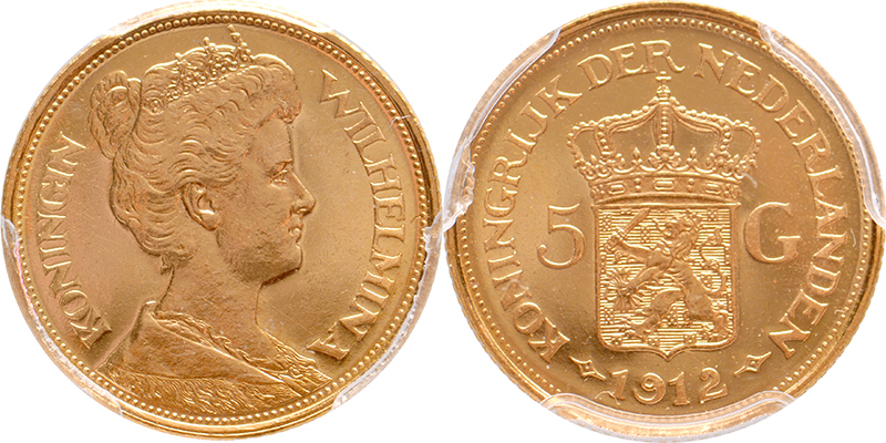 The Netherlands 5 gulden goud 1912 Wilhelmina PCGS PR 63 PP | MA-Shops