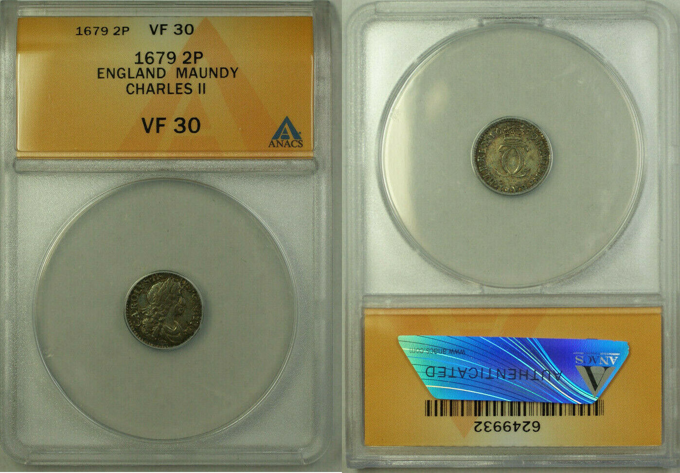 Weltmünzen 2 Pence 1679 England Coin King Charles II ANACS VF 30 Maundy ...
