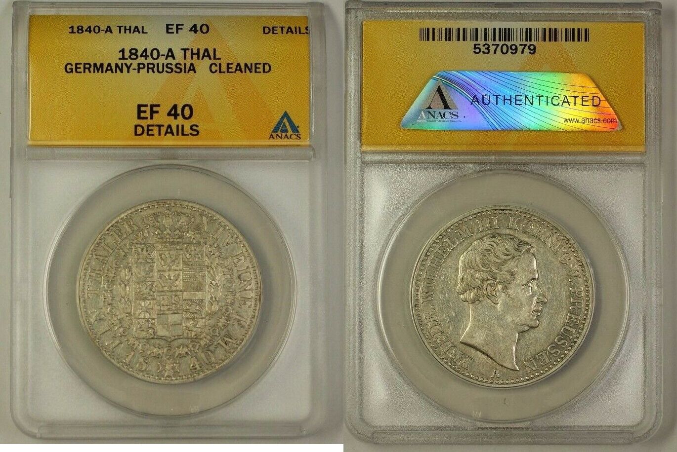 Weltmünzen Silver Thaler 1840-A Germany-Prussia Coin ANACS EF-40 ...