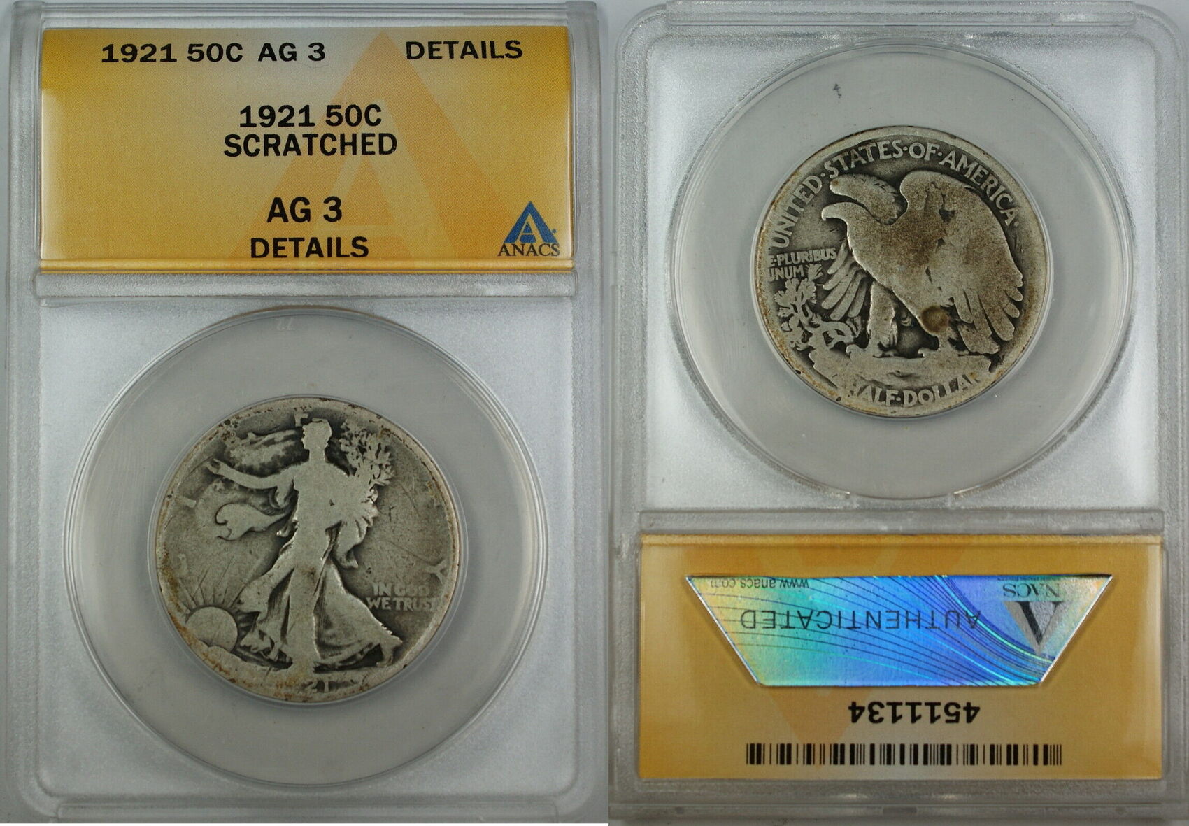 USA Half Dollar 1921 Walking Liberty Silver ANACS AG-3 Details ...