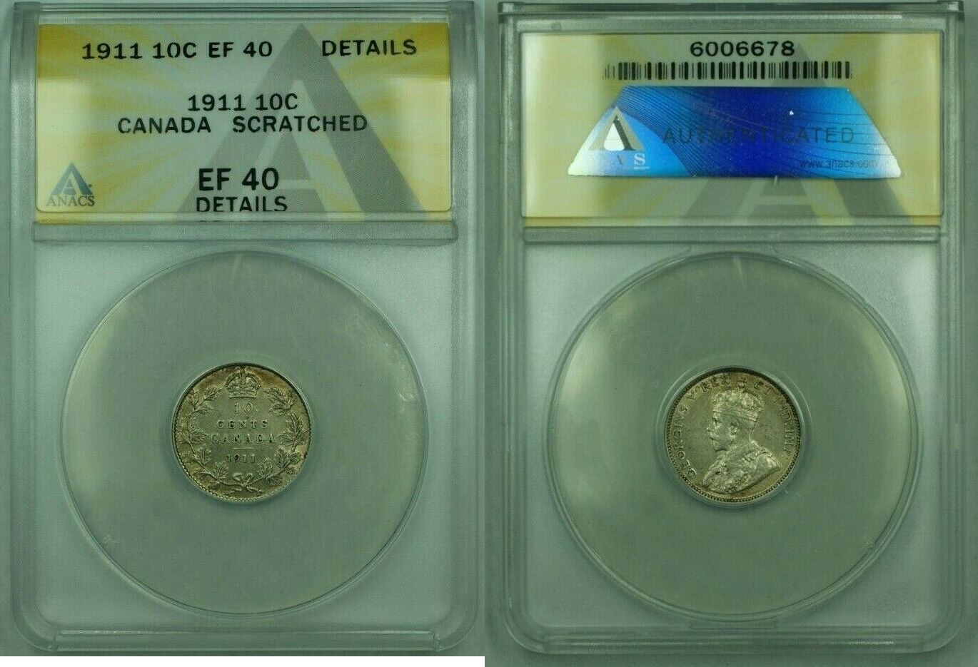 Canada Coins 1911 Canada 10c 10 Cent Silver Coin ANACS EF-40 Details ...