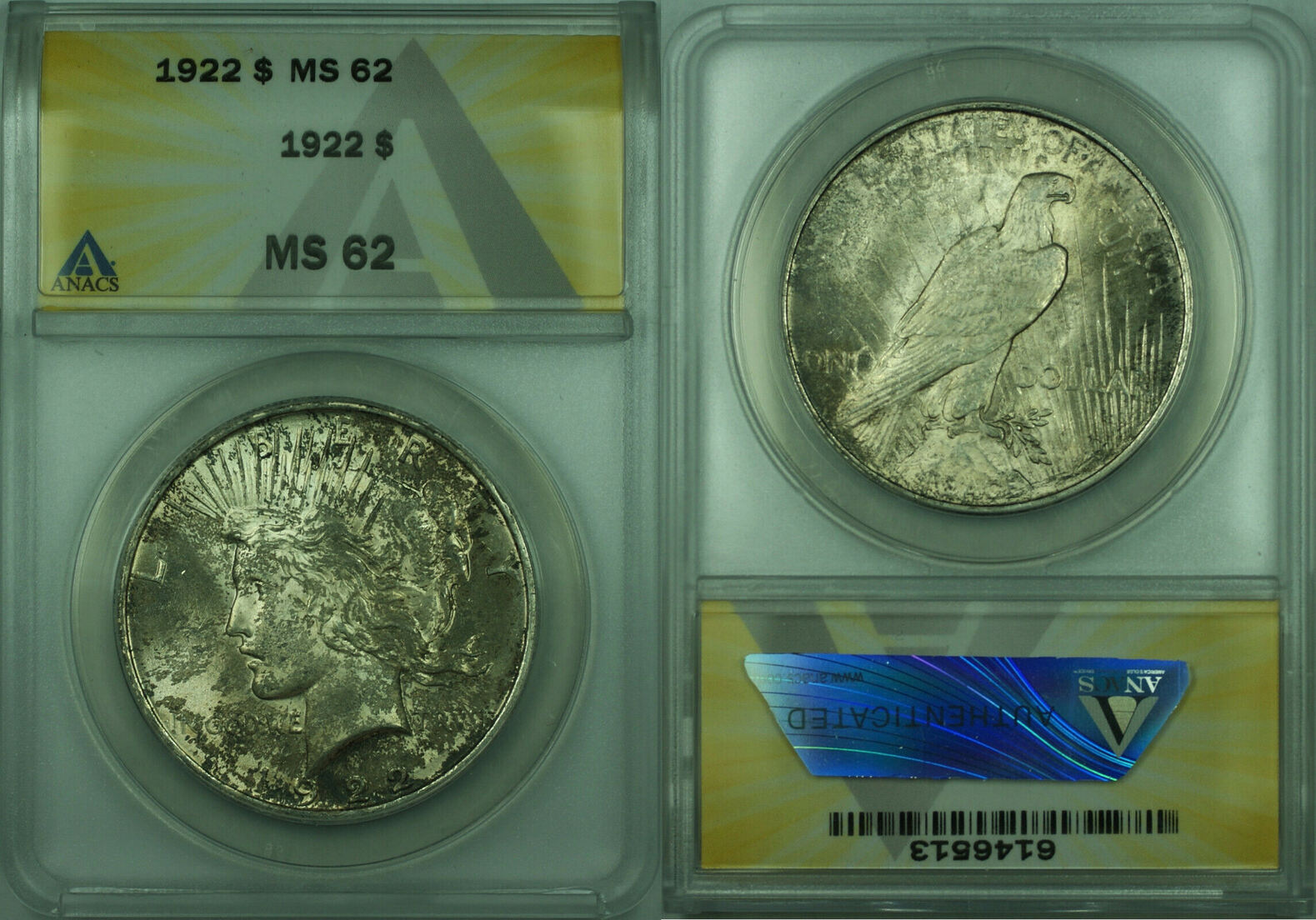 USA $1 Coin 1922 Peace Silver Dollar ANACS MS-62 Toned Better Coin (28) ANACS MS-62 Toned, in ...