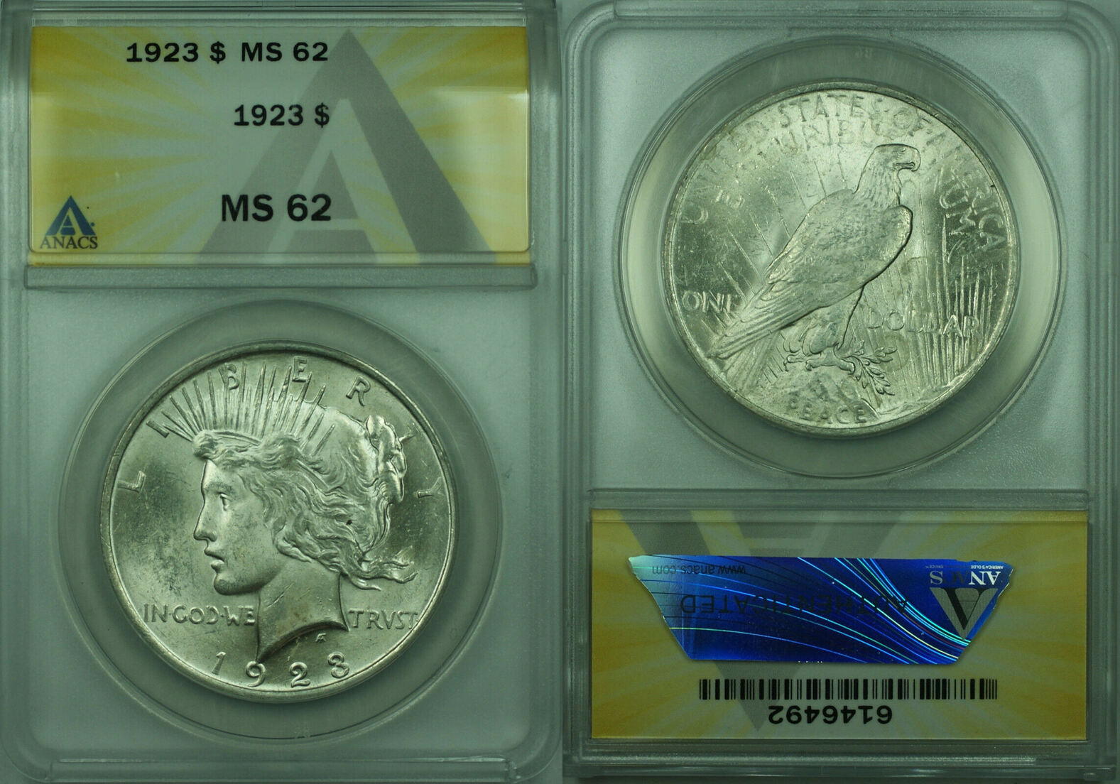 USA 1923 Peace Silver Dollar $1 Coin ANACS MS-62 Better Coin (28) A ANACS MS-62, in our opinion ...