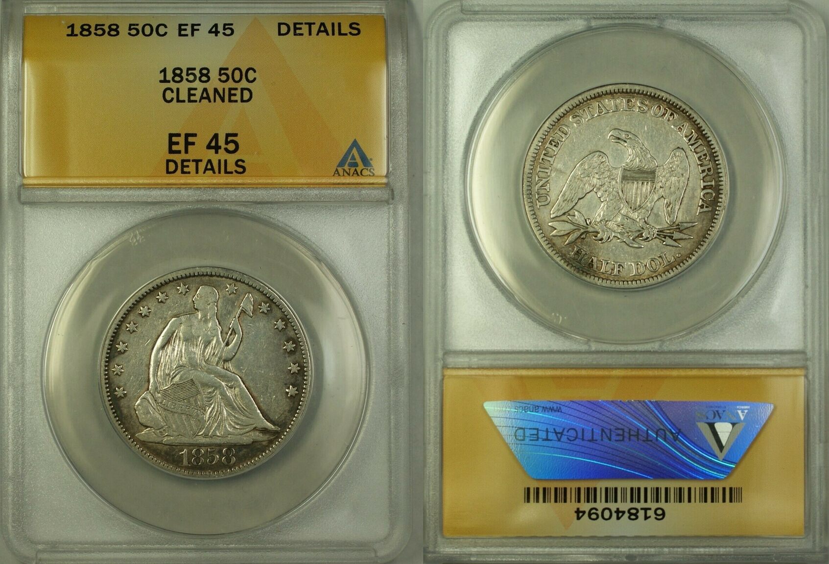 USA Half Dollar 1858 Seated Liberty Silver 50c Coin ANACS EF-45 Details Cleaned 1858 Seated ...