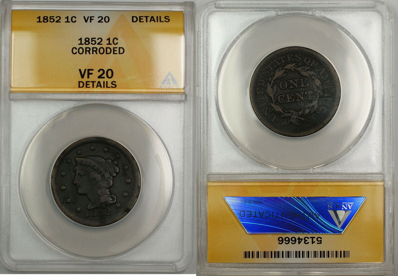 USA Large Cent 1852 Braided Hair 1c Coin ANACS VF-20 Details Corroded PRX | MA-Shops