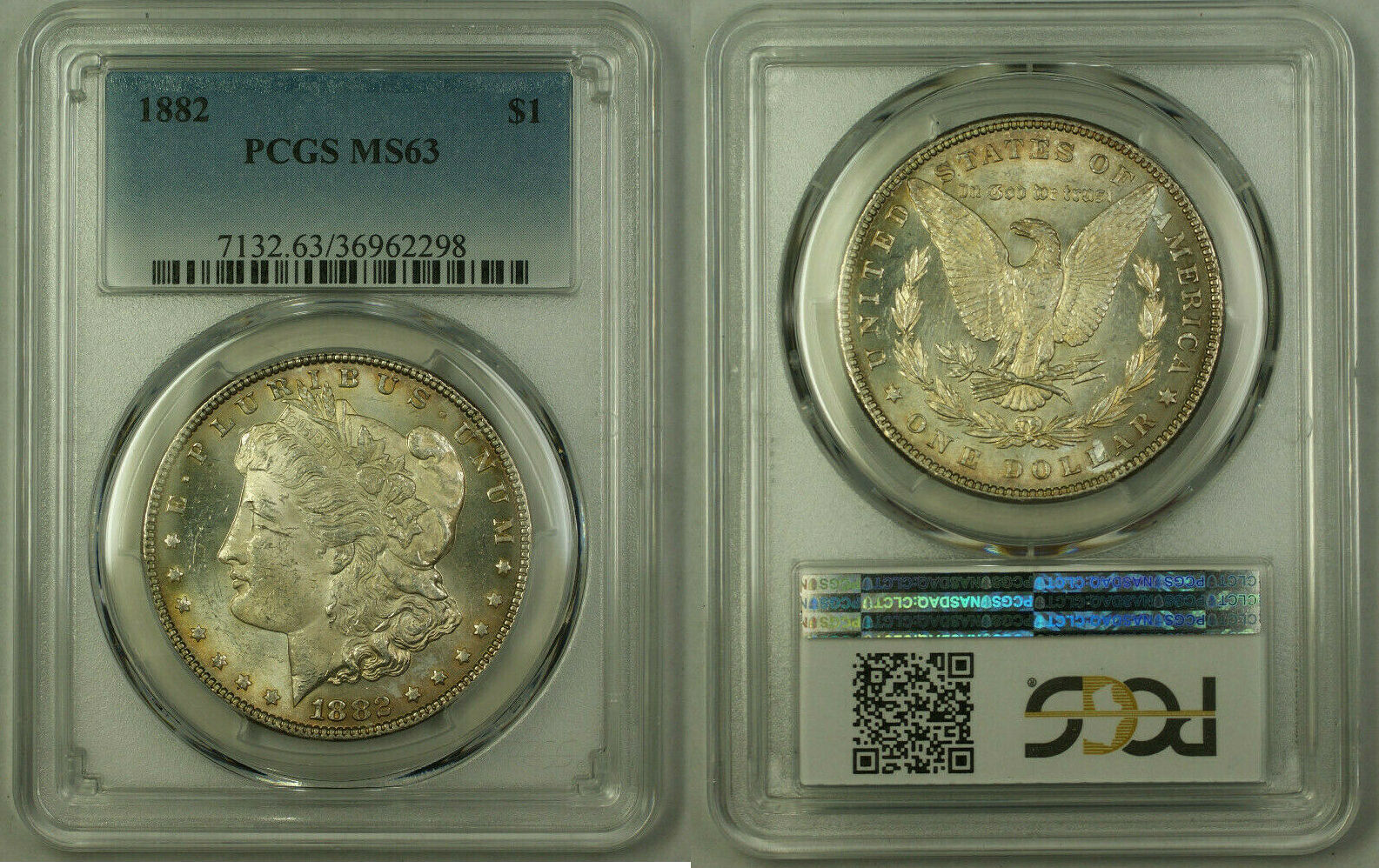 USA 1882 Morgan Silver Dollar $1 Coin PCGS MS-63 Semi PL Prooflike Toned (20) PCGS MS-63 Semi PL ...