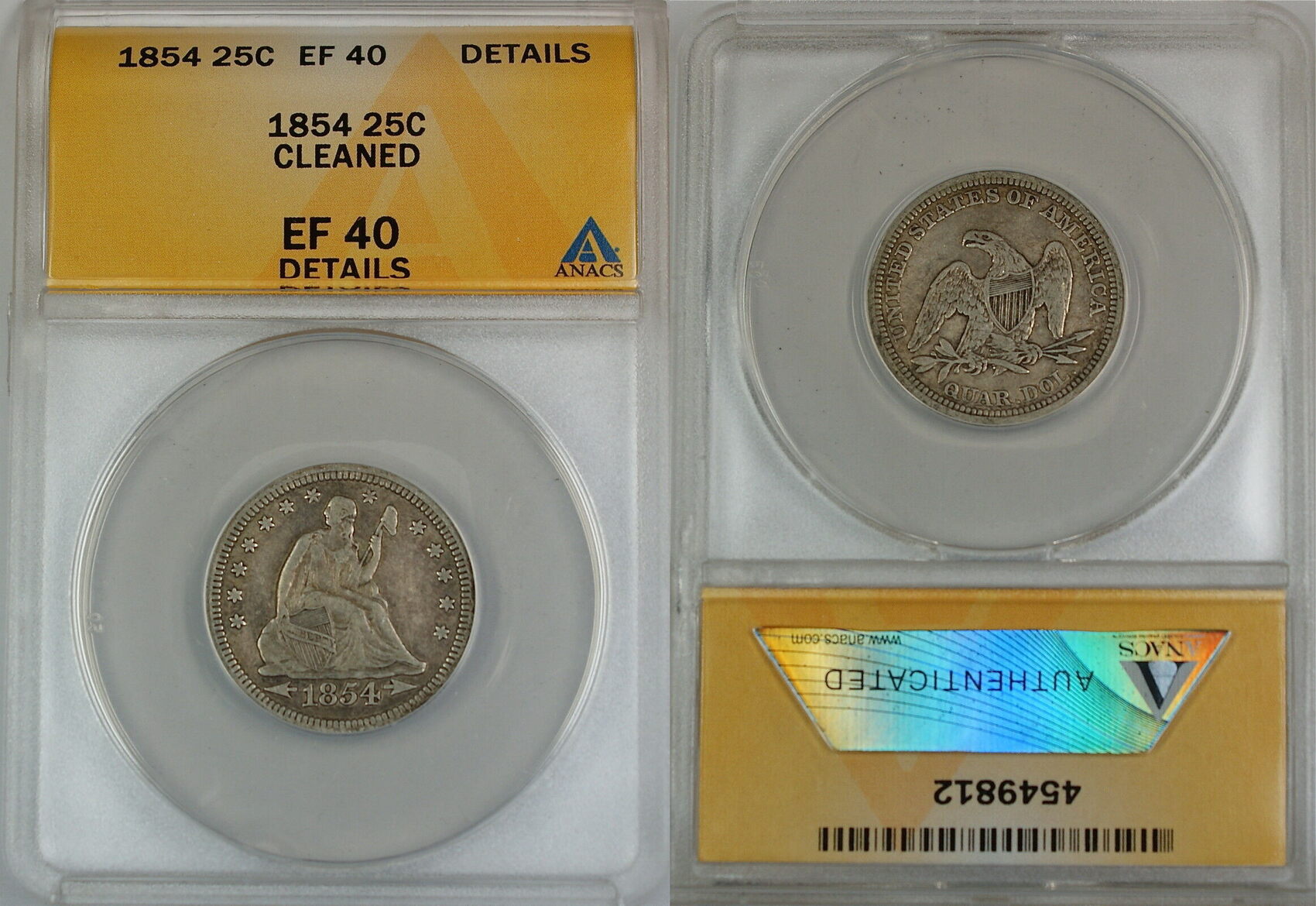USA Quarter 1854 Seated Liberty Silver ANACS EF-40, Details - Cleaned ...