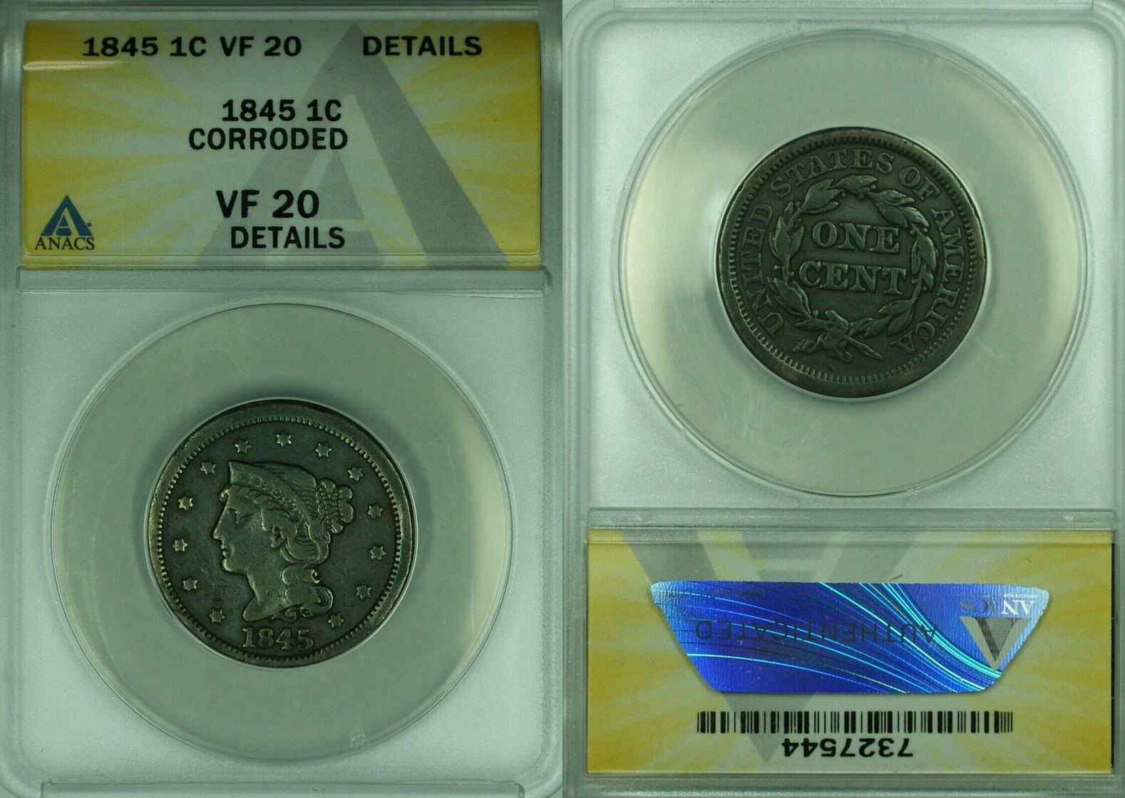 USA Large Cent 1845 Braided Hair ANACS VF-20 Details Corroded (42) | MA-Shops
