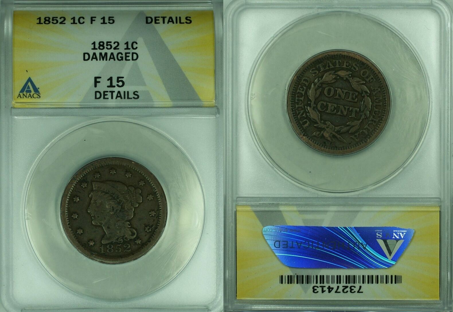 USA Large Cent 1852 Braided Hair ANACS F-15 Details Damaged (43A) | MA-Shops