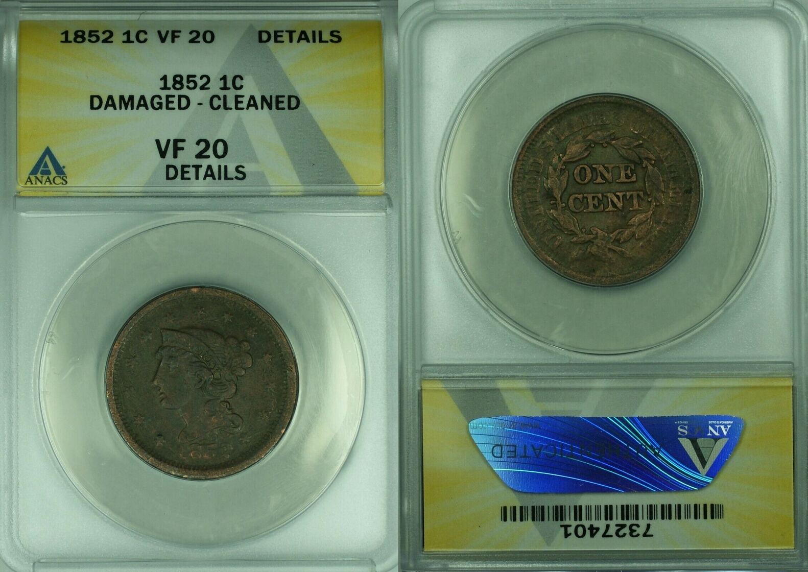USA Large Cent 1852 Braided Hair ANACS VF-20 Details Damaged-Cleaned (43) | MA-Shops
