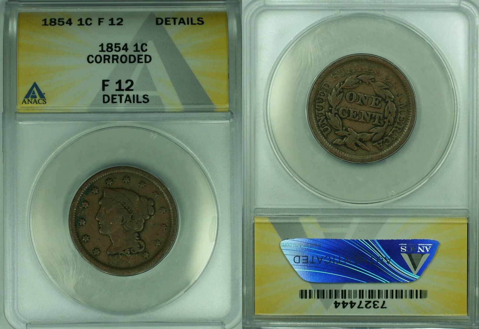 USA Large Cent 1854 Braided Hair 1c Coin ANACS F-12 Details Corroded (38) | MA-Shops