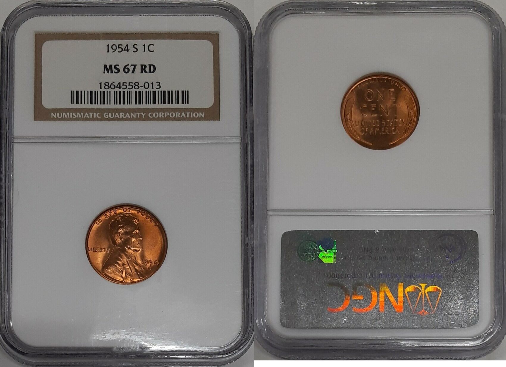 USA 1954-S Lincoln Wheat Cent 1c NGC MS-67 RD (A) | MA-Shops