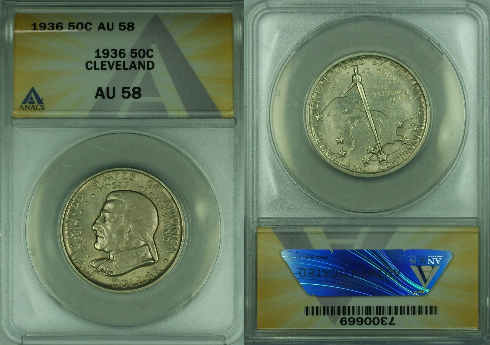 USA Half Dollar 1936 Cleveland Commemorative Silver Coin 50C ANACS AU ...