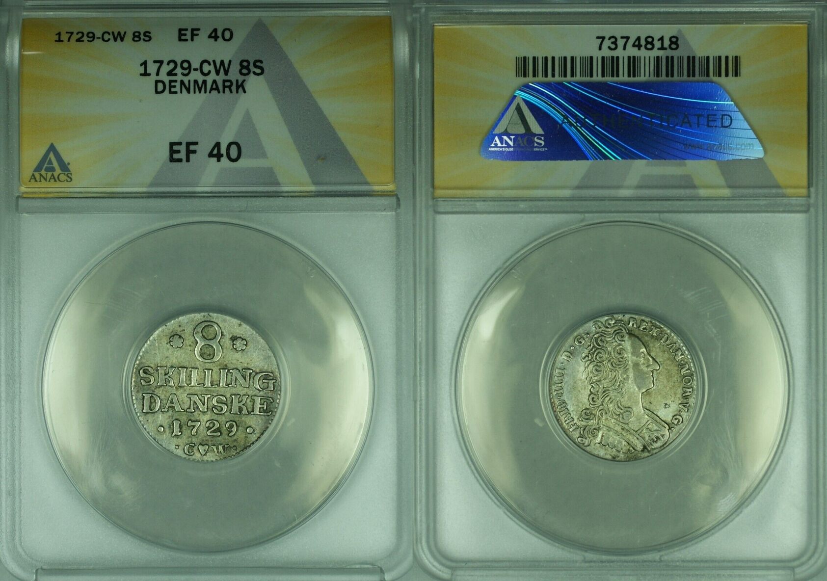 Weltmünzen 8 Skilling 1729 Denmark Silver Coin King Frederik IV ANACS ...