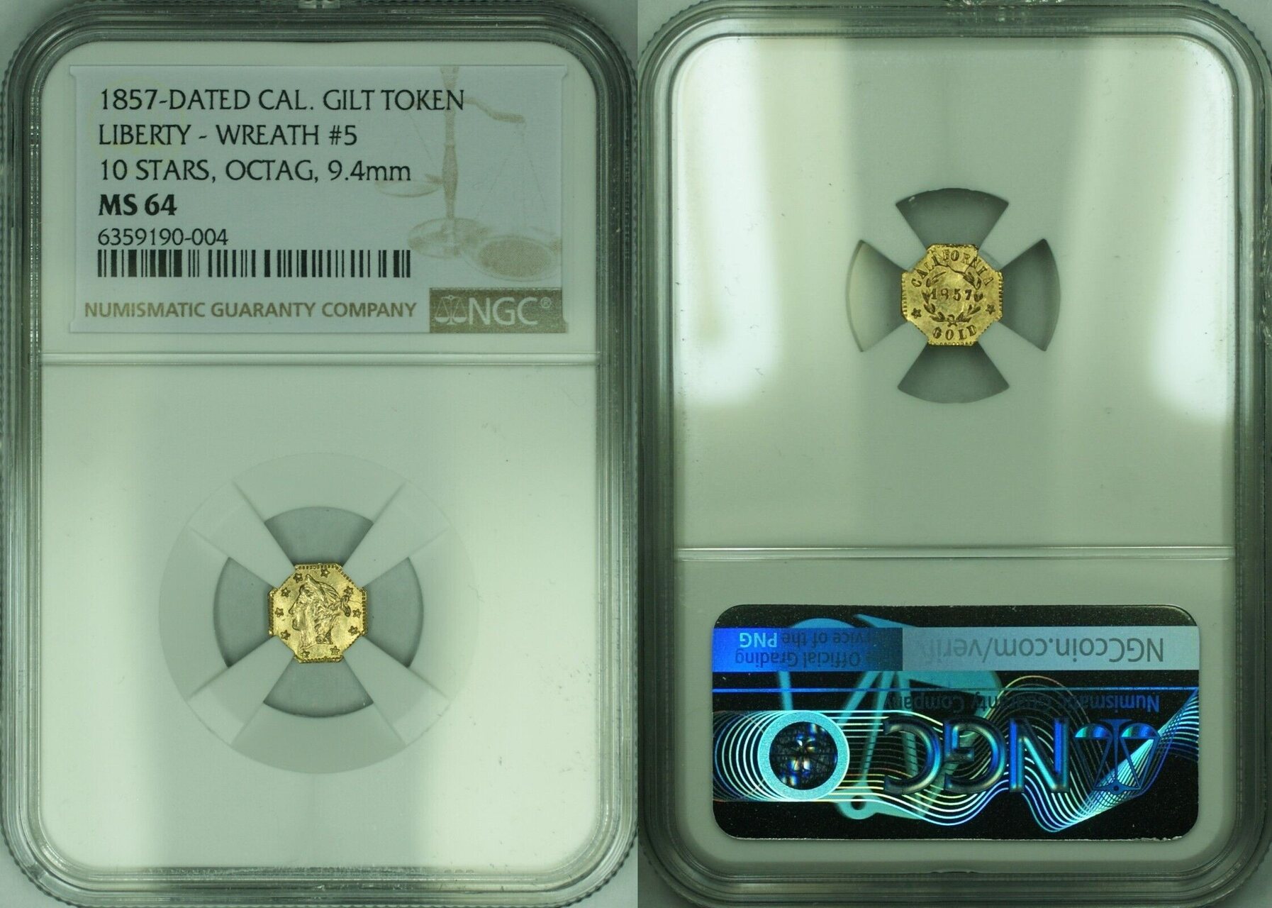 USA Token 1857 Cal. Gilt Liberty - Wreath #5, 10 Stars, Octagonal 9.4MM ...