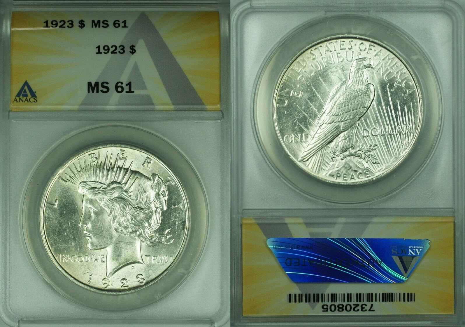 USA Dollar 1923 Peace Silver S$1 ANACS MS-61 Better Coin (45B) ANACS MS-61. In our opinion this ...