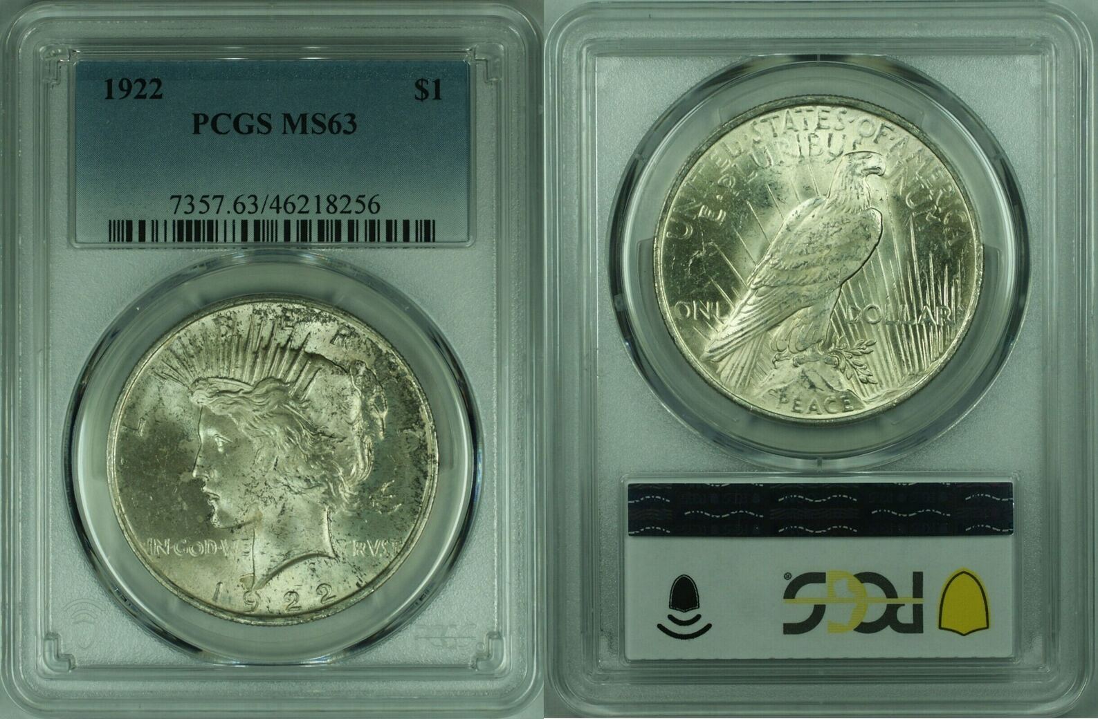 USA Dollar 1922 Peace Silver S$1 PCGS MS-63 w/Light Toning (47A) PCGS ...