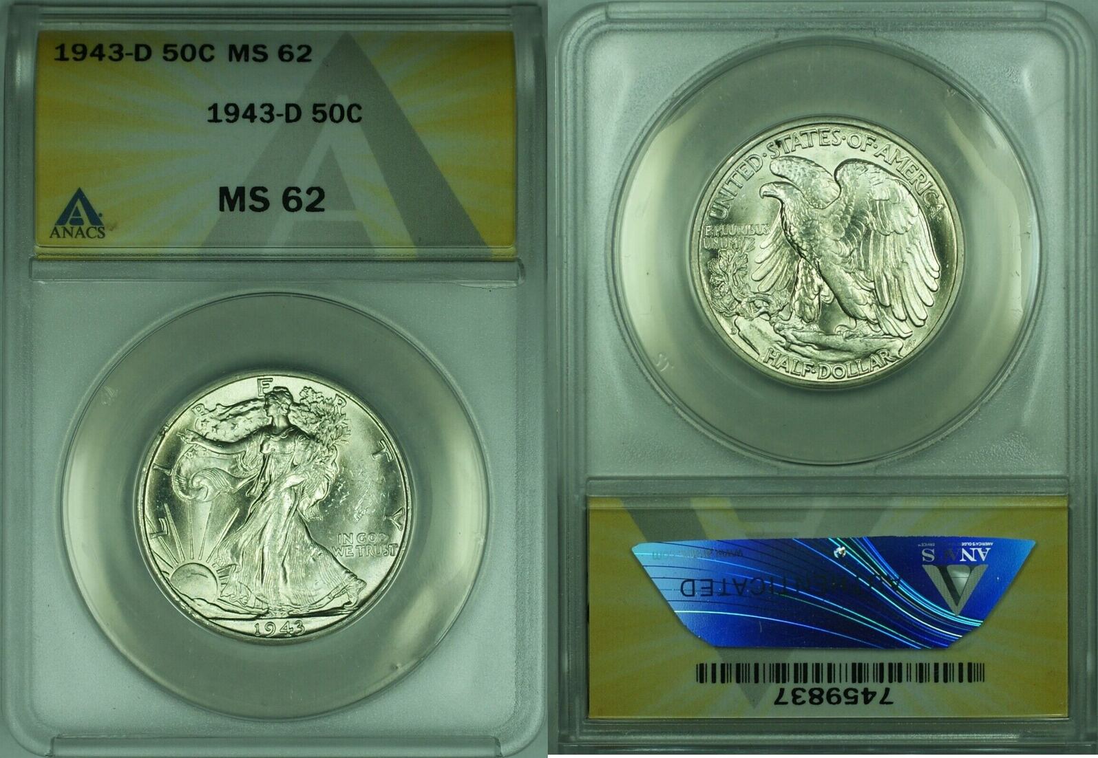 USA Half Dollar 1943-D Walking Liberty Silver 50c ANACS MS 62 ANACS MS-62 | MA-Shops