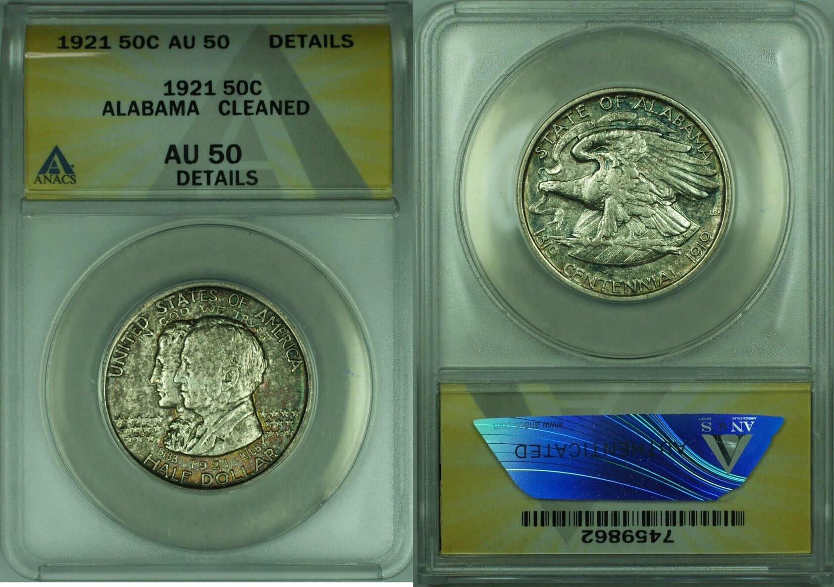 USA Half Dollar 1921 Alabama Commemorative Silver Coin ANACS AU-50 ...