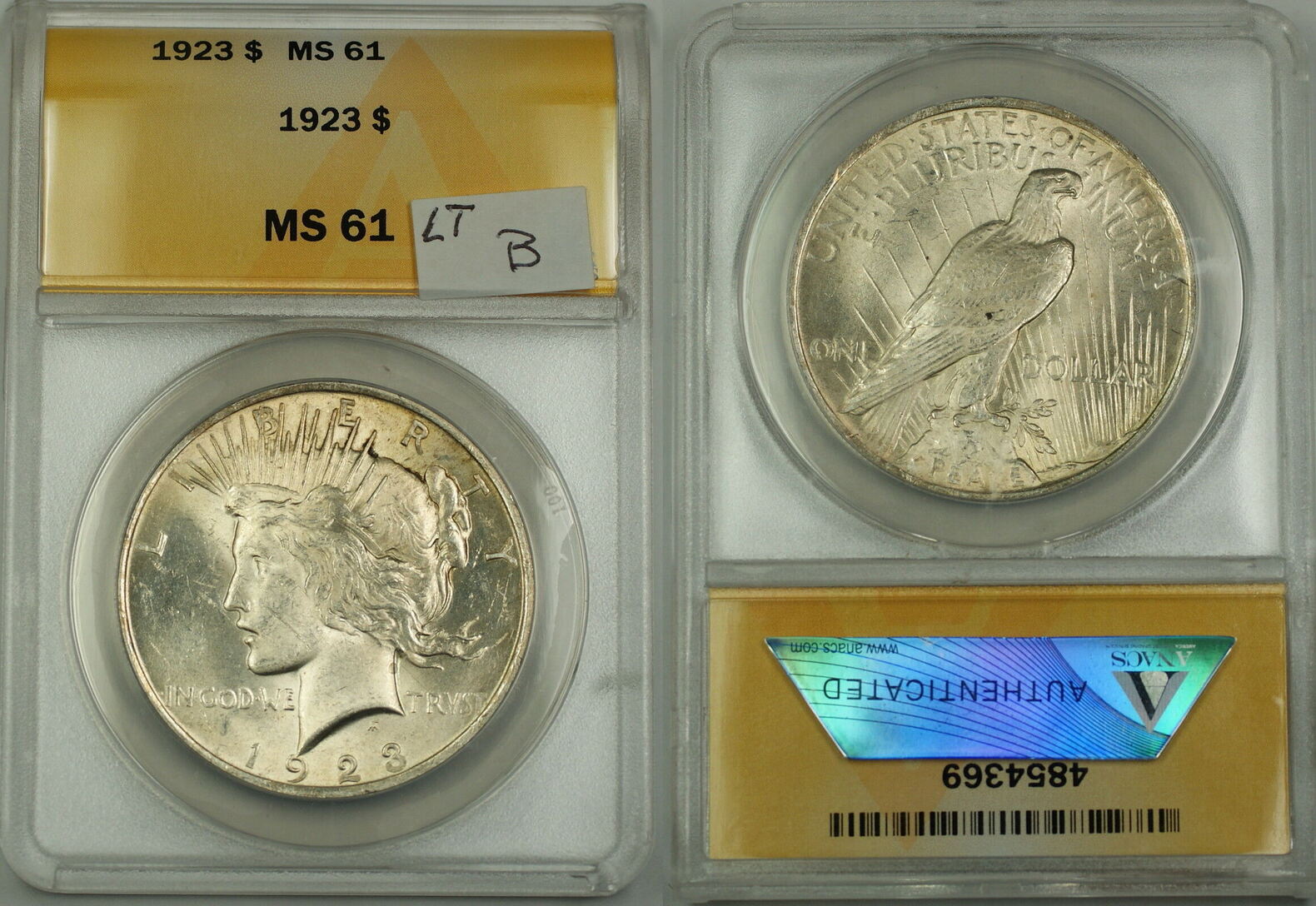 USA $1 Coin 1923 Silver Peace Dollar ANACS MS-61 Lightly Toned (B) | MA-Shops