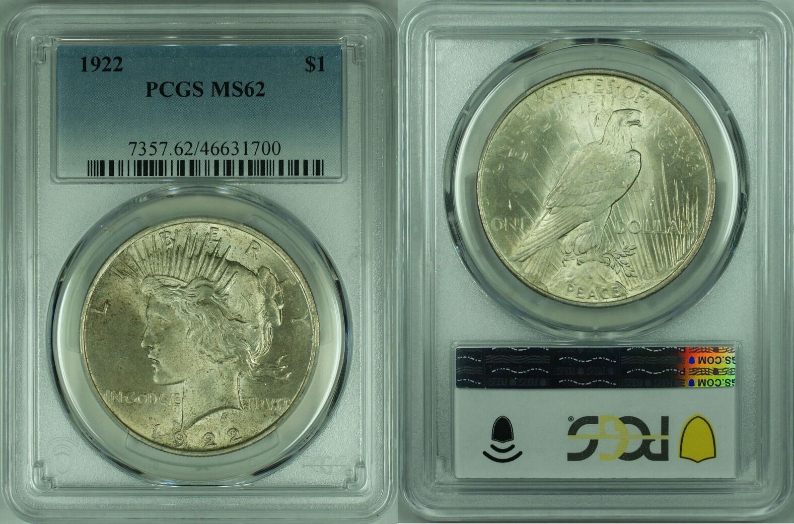 USA Dollar 1922 Peace Silver S$1 w/Light Toning PCGS MS-62 Better Coin (37C) PCGS MS 62 - In our ...